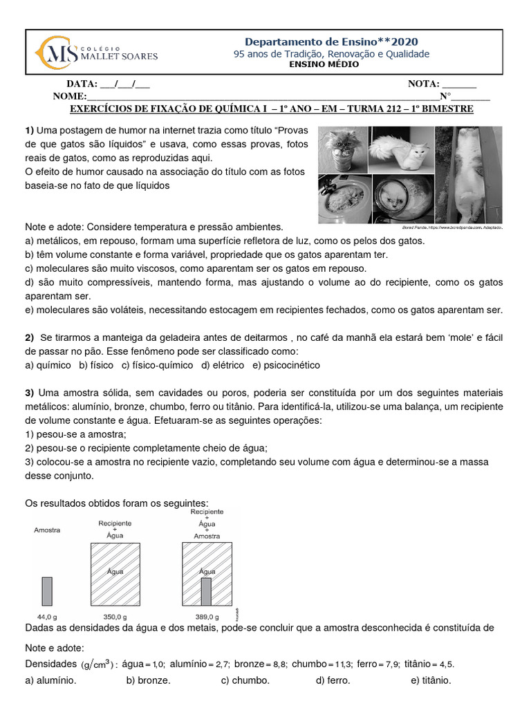 Exercícios de Fixação de Quimica I | PDF | Temperatura | Congelamento Exercícios de Fixação de Quimica I | PDF | Temperatura | Congelamento