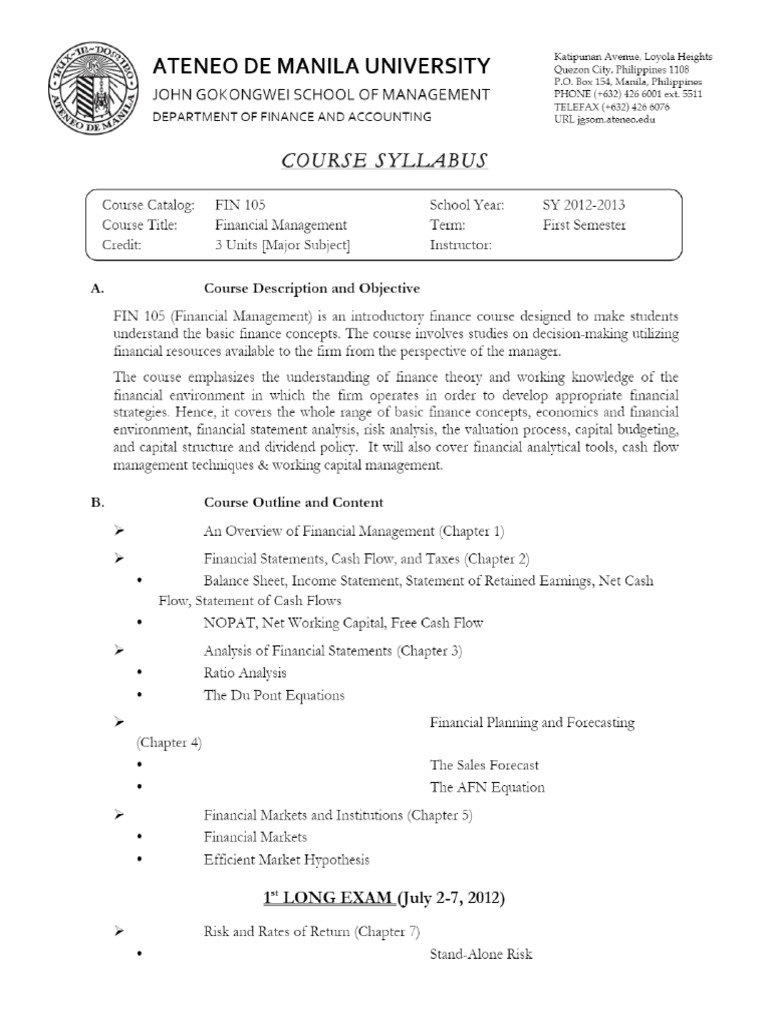 Fin 105 Syllabus - Ateneo de Manila University | PDF