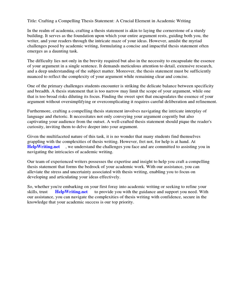 Thesis Statement in Paragraph Example | PDF