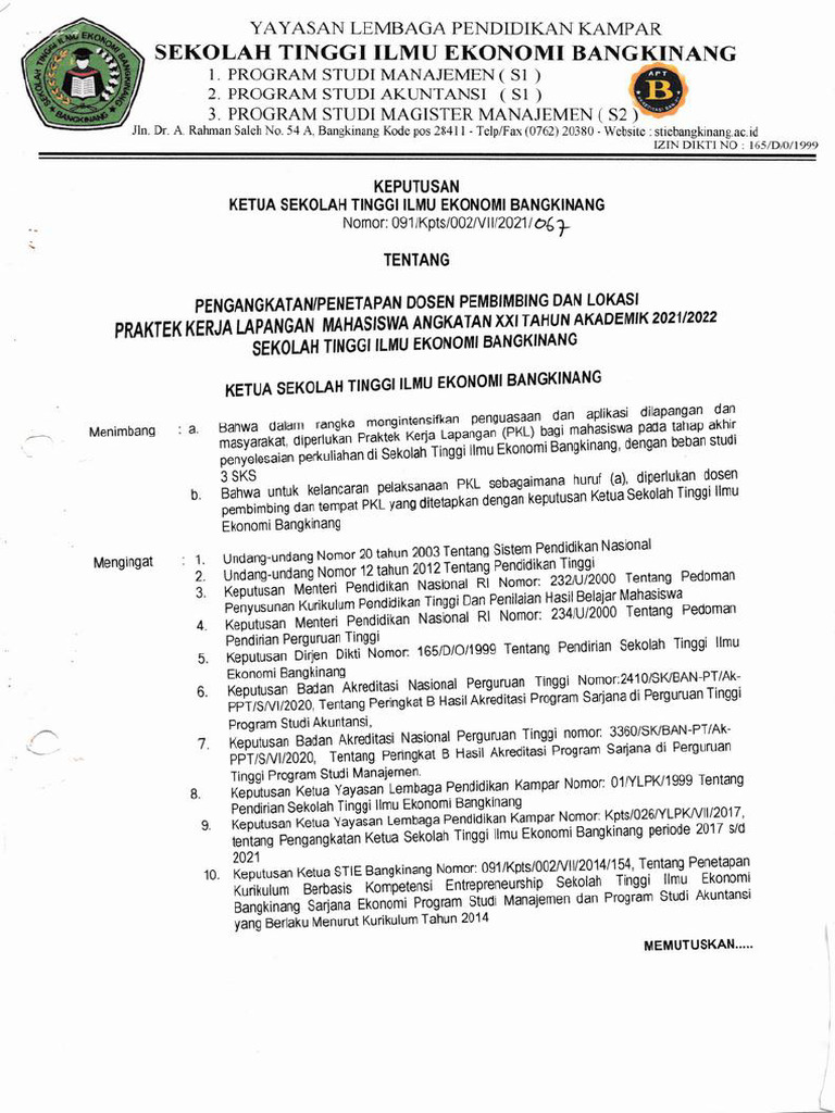 CONTOH SK Pembimbing PKL 2021 | PDF