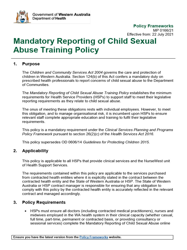 Mandatory Reporting of Child Sexual Abuse Training Policy | PDF ...