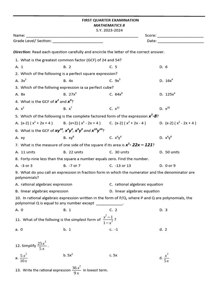 23-24 Q1 Math8 Exam | PDF