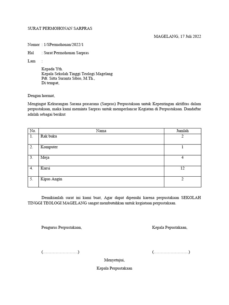 SURAT PERMOHONAN SARPRAS Perpus @2022 | PDF