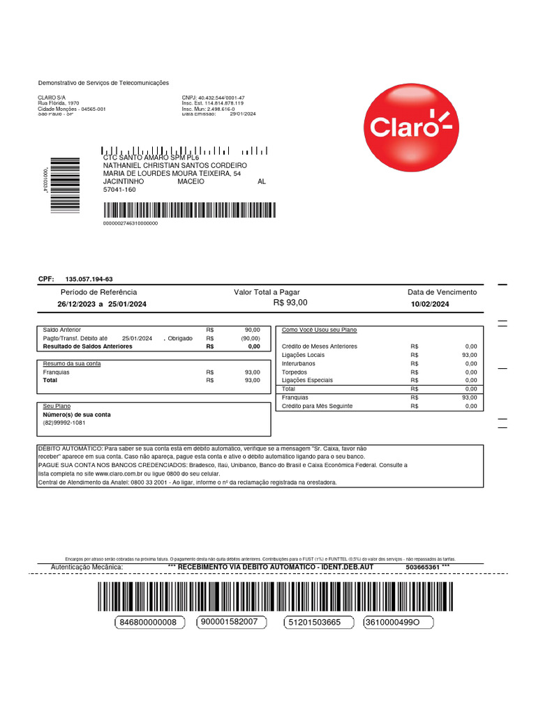 Fatura Claro | Download grátis PDF | Bancos | Brasil