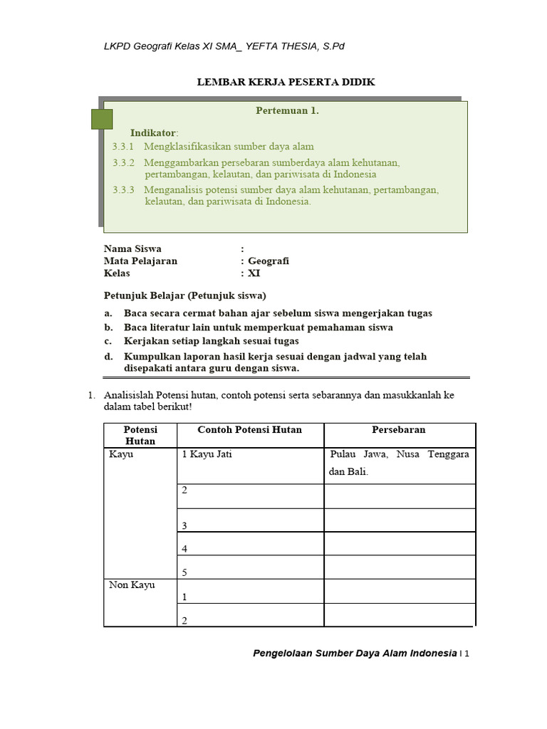 LKPD Geografi Kelas Xi Sma Lembar Kerja | PDF | Kajian Bahasa Asing