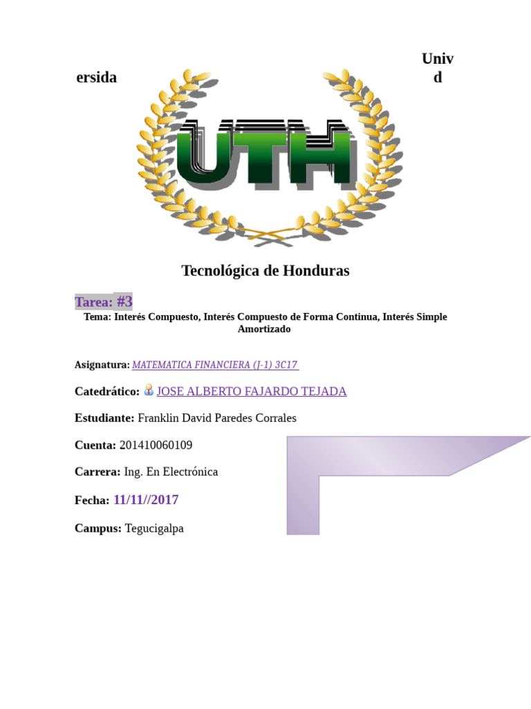 TAREA 3 201410060109 Franklin Paredes II PARCIAL MATE FINANCIERA | PDF ...