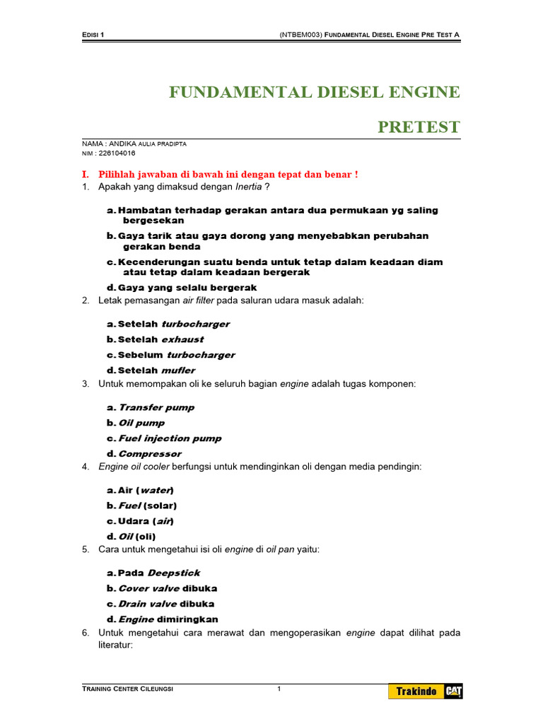 Ujian Pra-Test Mesin Diesel Fundamental | PDF