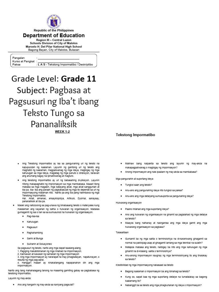 Week 1 2 LAS Impormatibo Deskriptibo | PDF