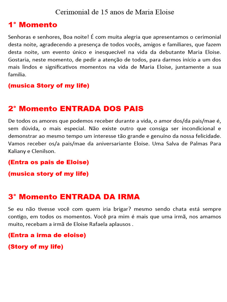 Cerimonial de 15 Anos de Maria Eloise | PDF | Amor | Bonecas