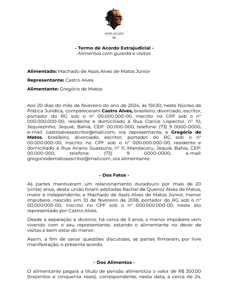 Modelo - Acordo Extrajudicial de Alimentos e Visitas | PDF Modelo - Acordo Extrajudicial de Alimentos e Visitas | PDF