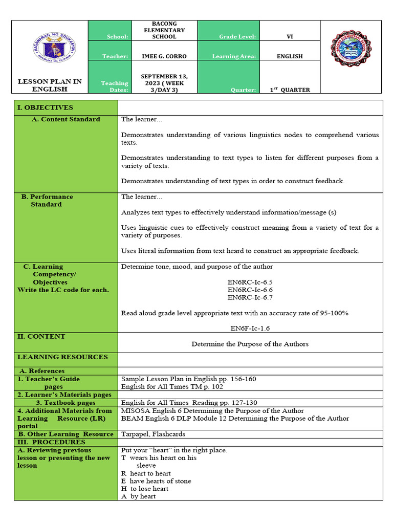 English DLP Q1 W3 D3 | PDF | Lesson Plan | Learning