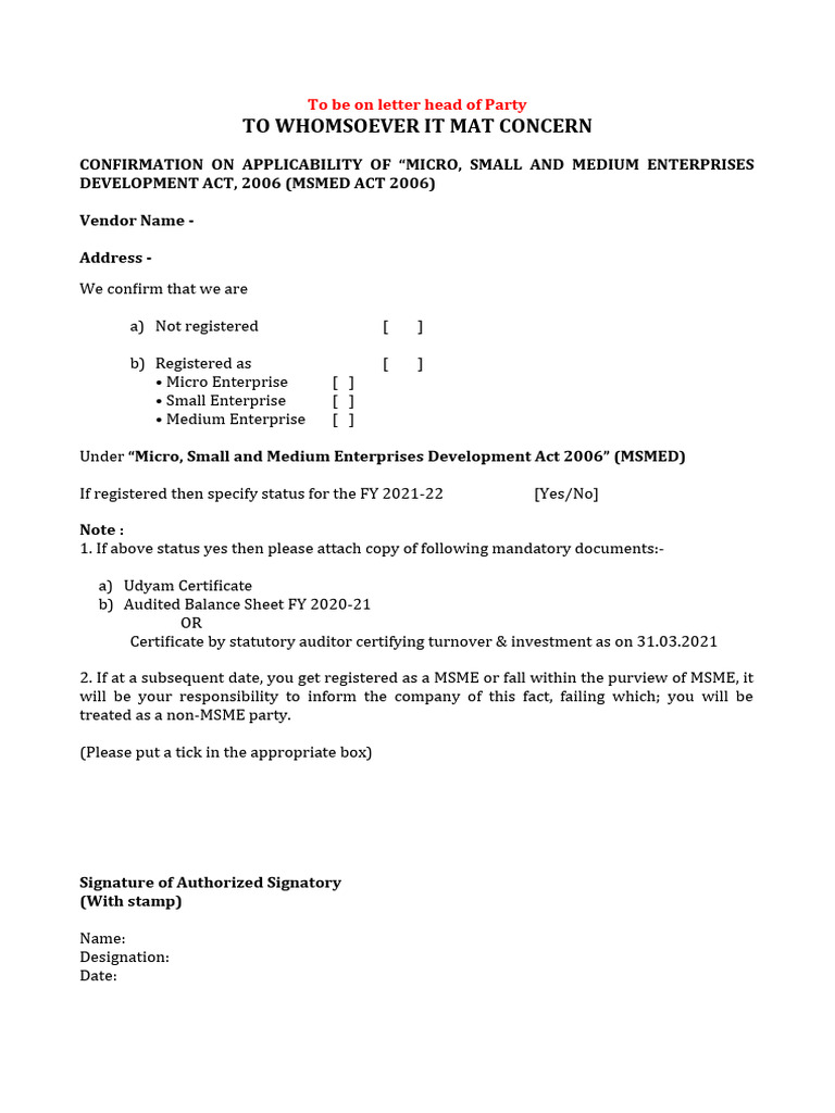 MSME Declaration Certificate - New Vendor | PDF | Finance & Money ...