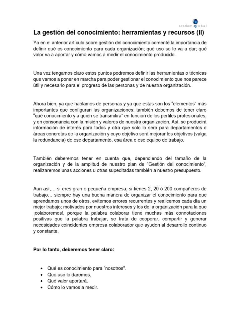 CC MOD 2 La Gestion Del Conocimiento | PDF | Conocimiento administrativo | Conocimiento