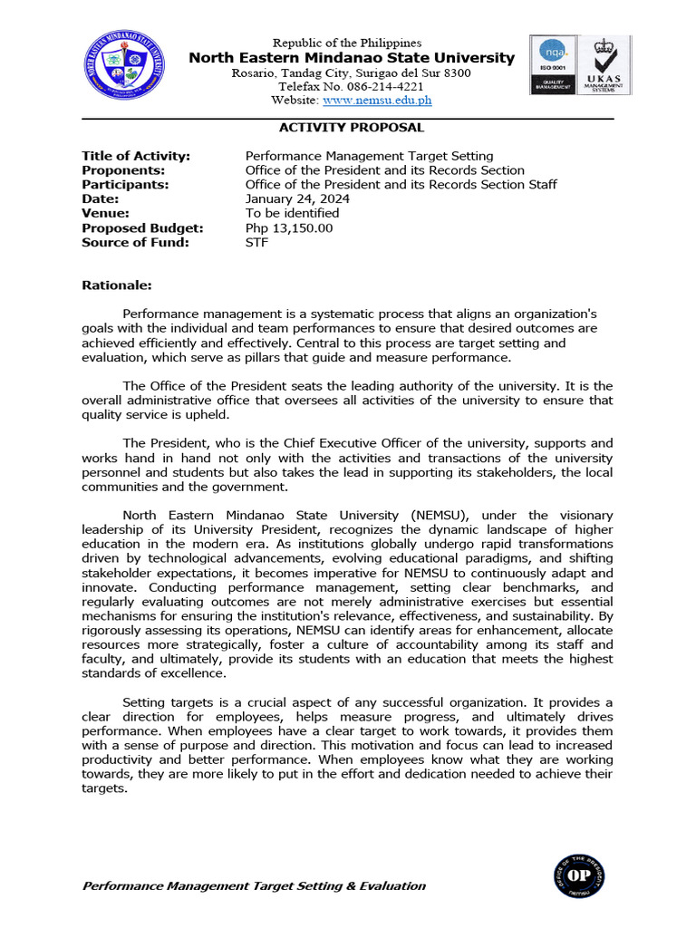 ACTIVITY PROPOSAL Performance Management Target Setting and Evaluation ...