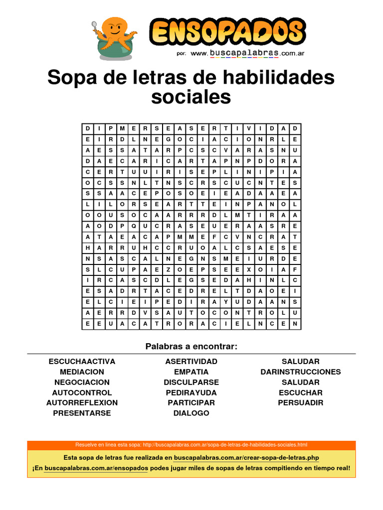 Sopa de Letras: Habilidades Sociales | PDF | Artes del Lenguaje y ...
