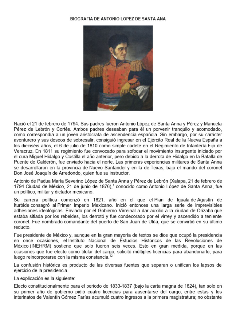Biografia de Antonio Lopez de Santa Ana | PDF | Politica de mexico | México Biografia de Antonio Lopez de Santa Ana | PDF | Politica de mexico | México