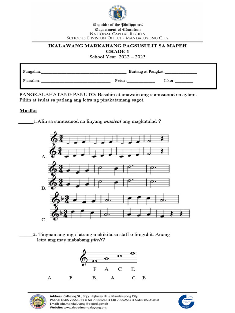 GRADE 1 2nd PERIODICAL TEST IN MAPEH 1 LANGUAGE EDITED | PDF