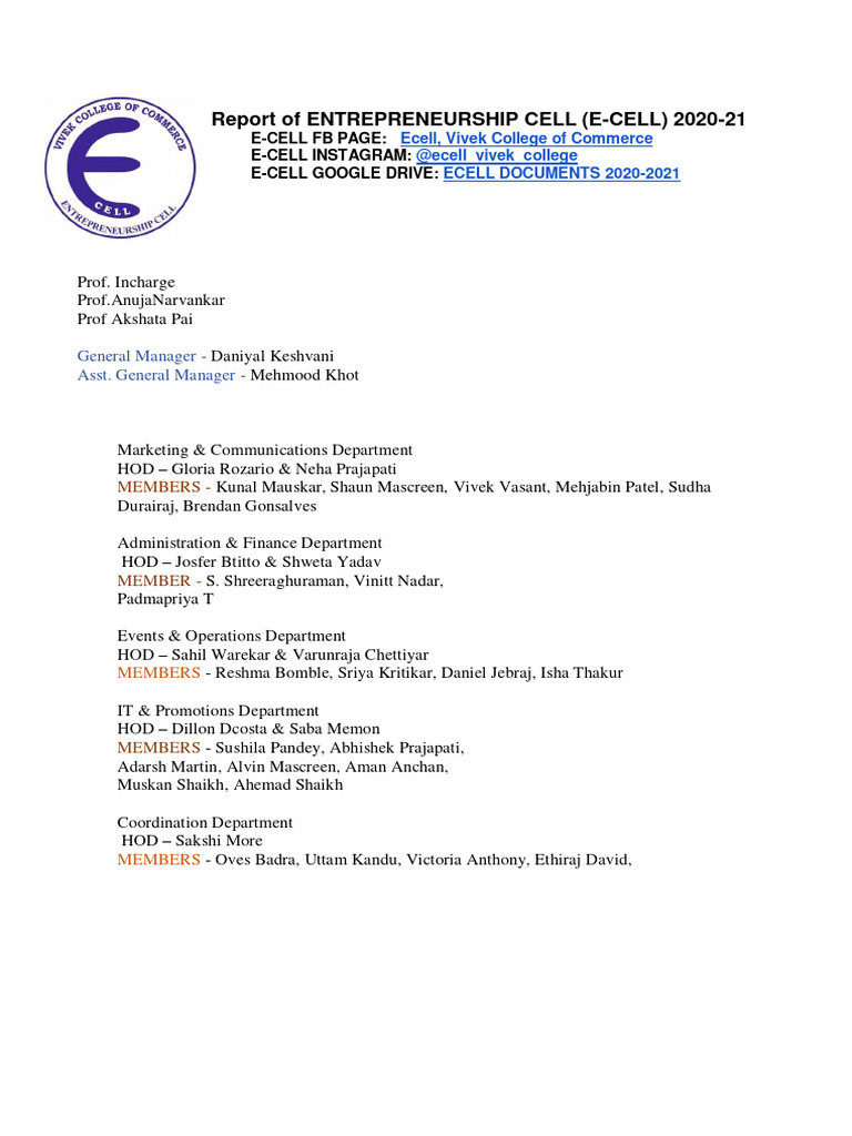 Ecell 2020-2021 Report | PDF | Entrepreneurship | Social Media
