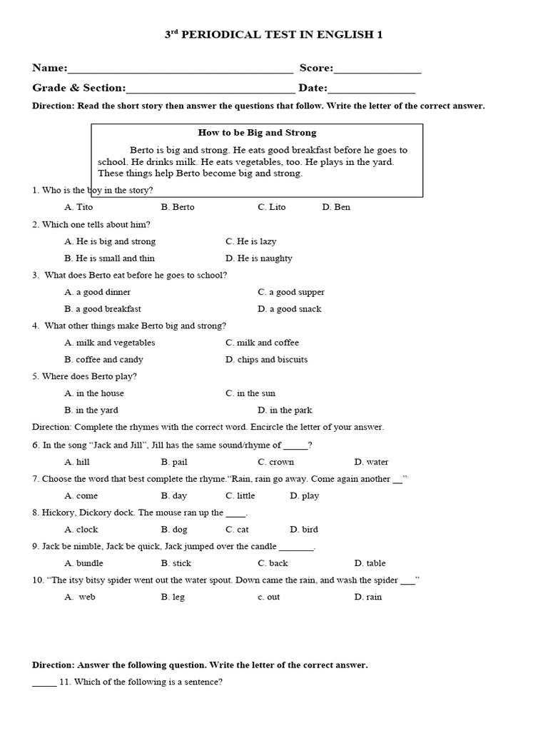 Grade 1 English Periodical Test | PDF | Language Arts & Discipline ...