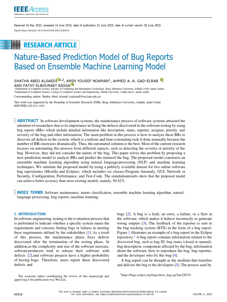 Nature-Based Prediction Model of Bug Reports Based On Ensemble Machine Learning Model | PDF