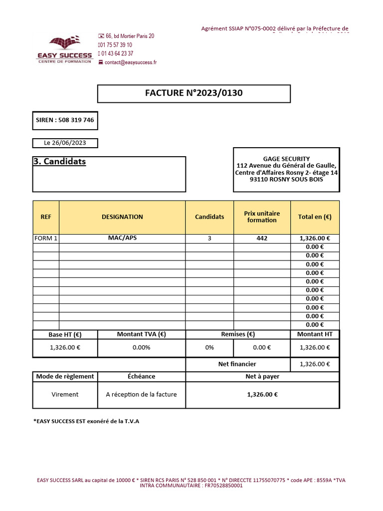Facture Formation Easy Success 2023 | PDF | Paiements | Documents ...