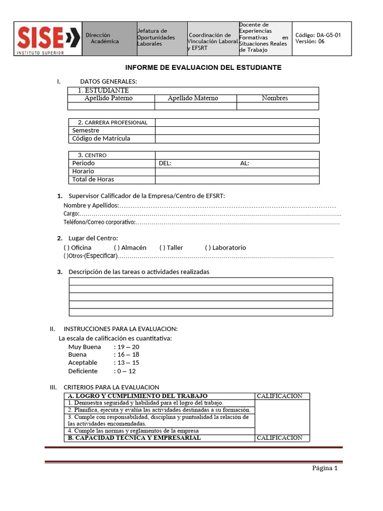 Informe de Evaluacion Del Estudiante | PDF