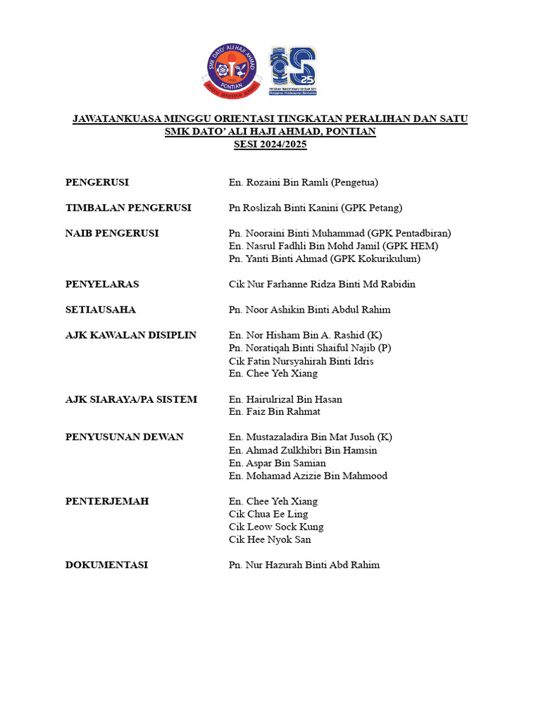 Ajk & Tentatif Minggu Orientasi Tingkatan 1 Dan Peralihan Sesi 2024 | PDF