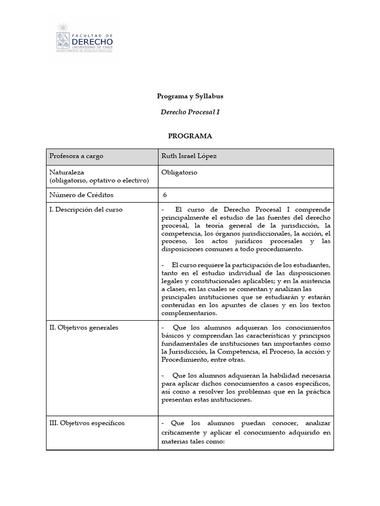 Curso Derecho Procesal I: Syllabus y Programa | PDF | Ley procesal | Jurisdicción