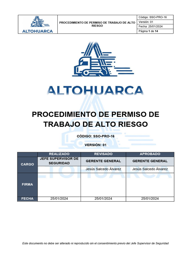 Sso-Pro-16 Procedimiento de Permiso de Trabajo de Alto Riesgo | PDF