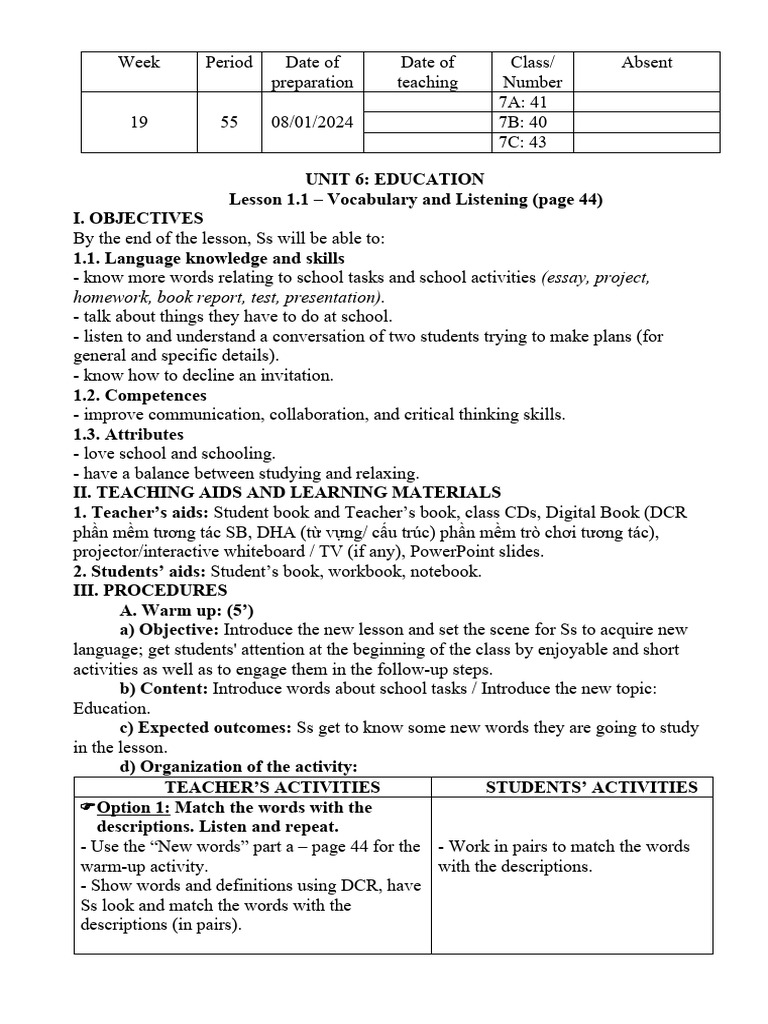 UNIT 6 - LESSON 1 - PART 1 - Vocabulary and Listening | PDF ...