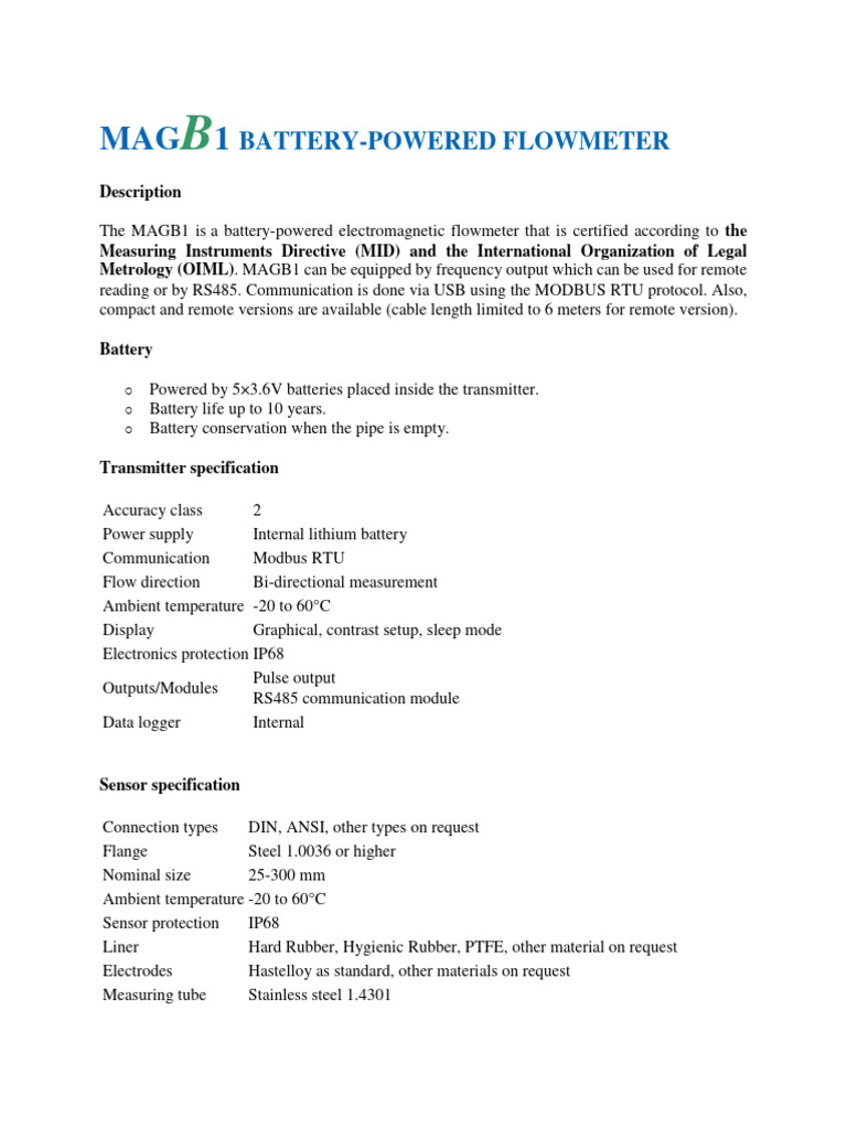 Arkon MAGB1 Battery Flowmeter Overview | PDF