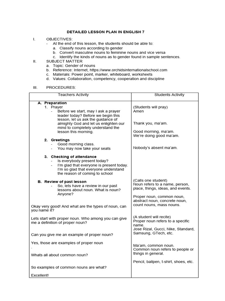 Gender of Nouns Lesson Plan for Grade 7 | PDF | Grammatical Gender ...