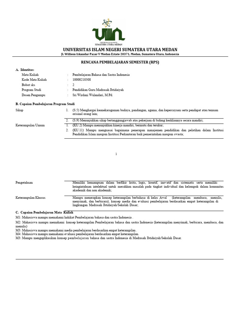 RPS - Pembelajaran Bahasa Dan Sastra Indonesial - Sri Wirdani Wulandari | PDF