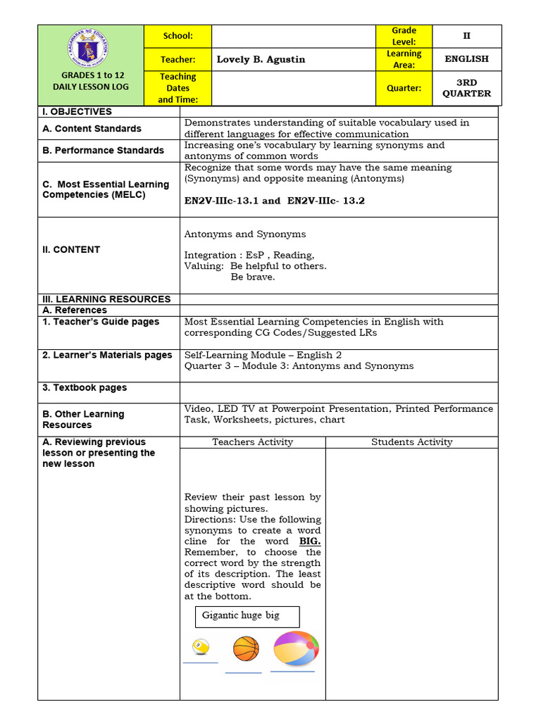 Synonyms and Antonyms Lesson Plan | PDF | Learning | Vocabulary