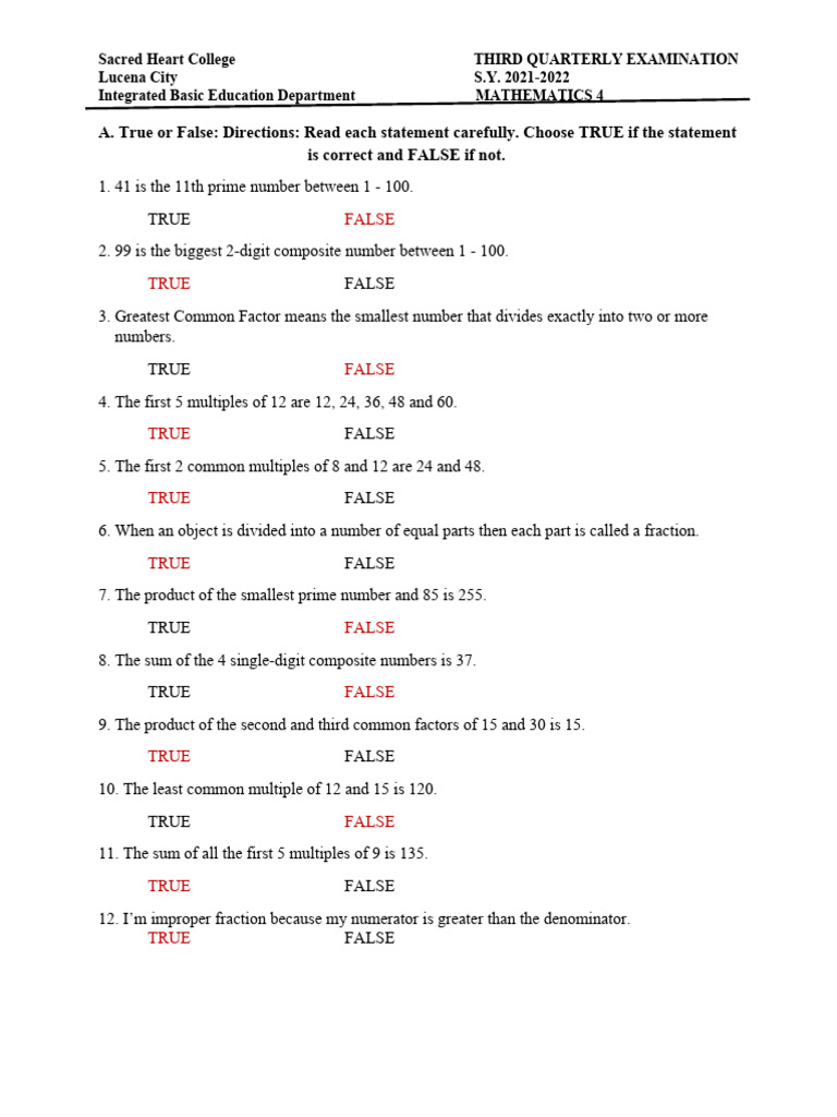 Math 4 - Test Questions 3Q | PDF