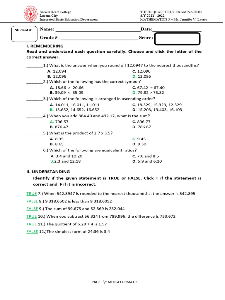 Grade 5 Mathematics Exam Questions | PDF | Mathematics