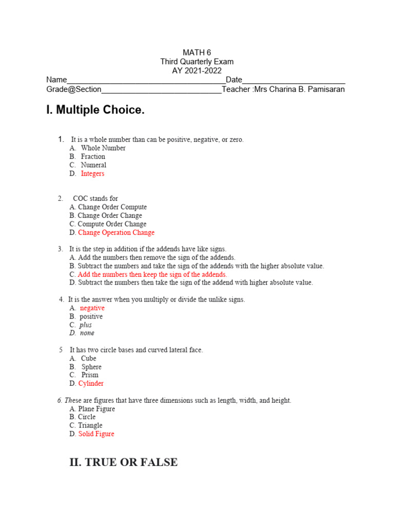 Math 6 - Test Questions 3Q | PDF | Numbers | Sphere