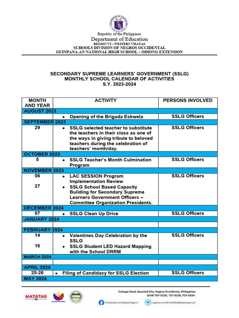 SSLG Calendar of Activities | PDF | Government