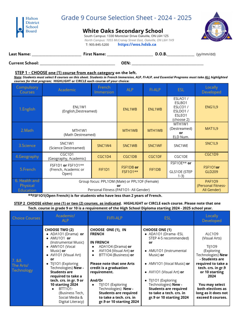 Grade 9 Course Selection Sheet For 2024-2025 | PDF | Cognition | Learning