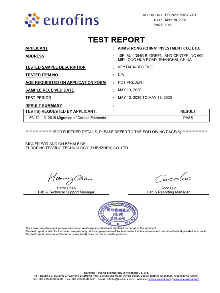 ARMSTRONG - VEYTAUX-SPC Tile EN71-3 | PDF | Chromium | Building Materials