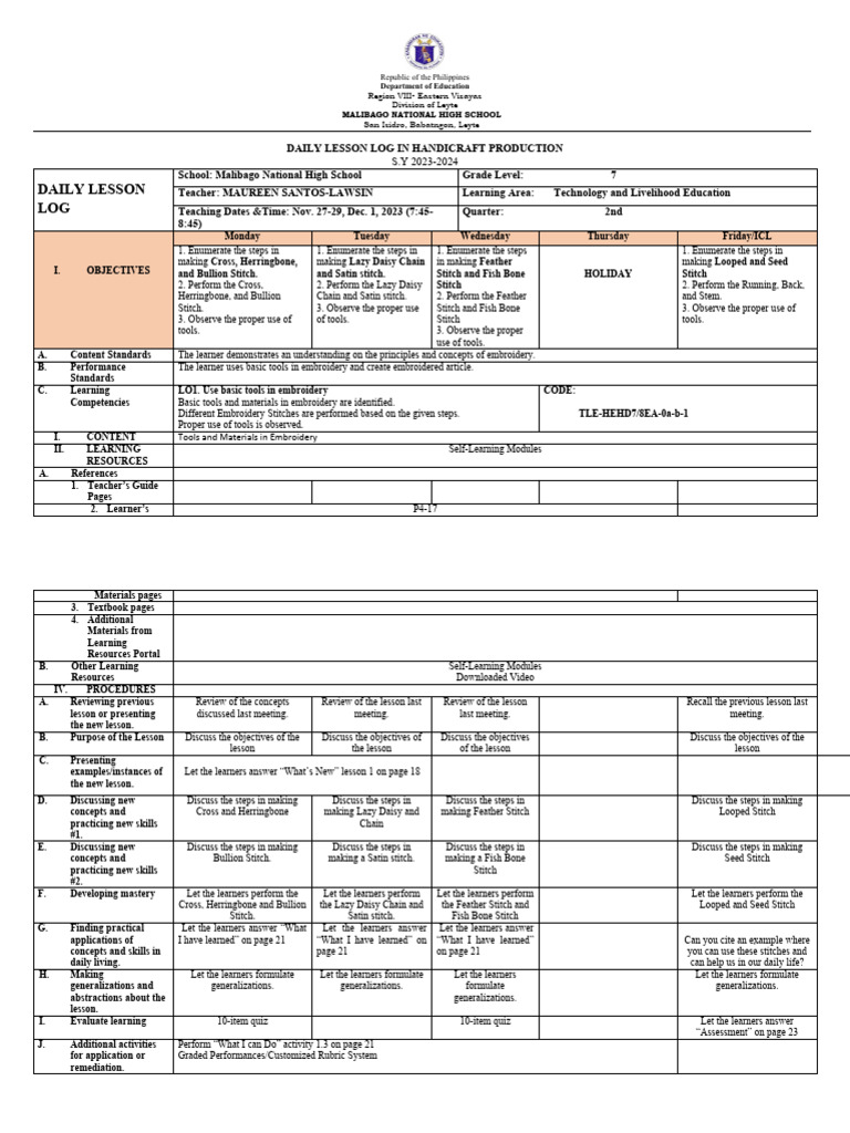 DLL Handicraft - Grade 7 q2w3 | PDF | Learning | Embroidery