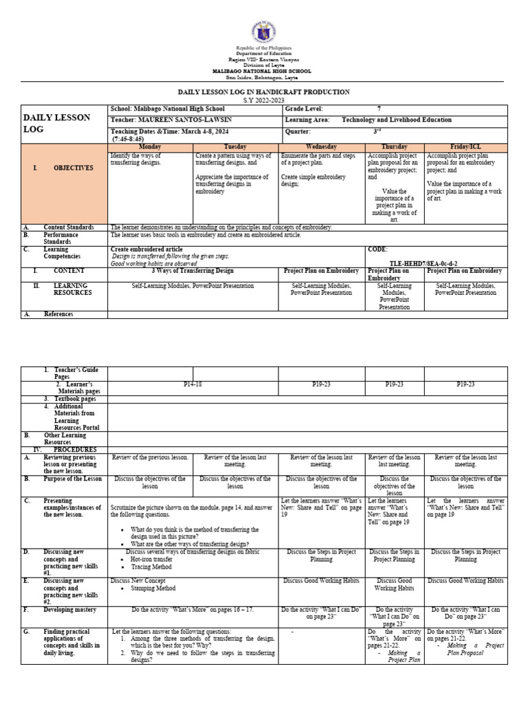 DLL Handicraft - Grade 7 q2w5 | PDF