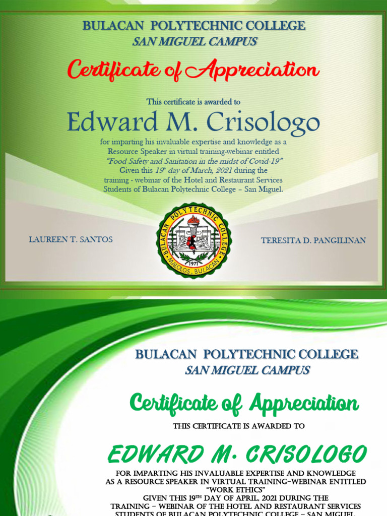 BULACAN POLYTECHNIC COLLEGE Certificate | PDF