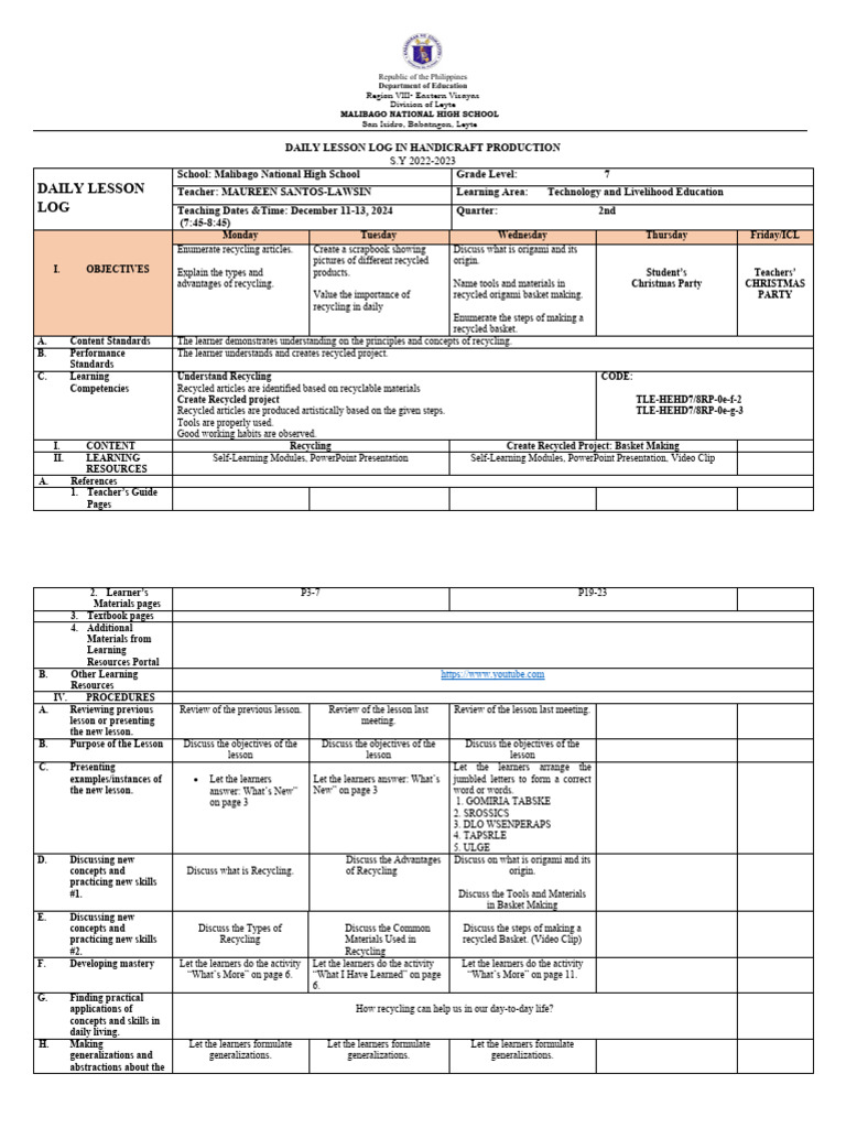 DLL Handicraft - Grade 7 q2w6 | PDF | Learning | Cognition