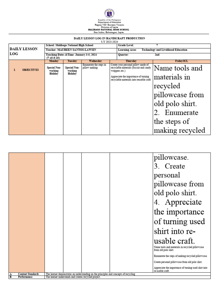 DLL Handicraft - Grade 7 Q2W7 | PDF | Learning | Pillow
