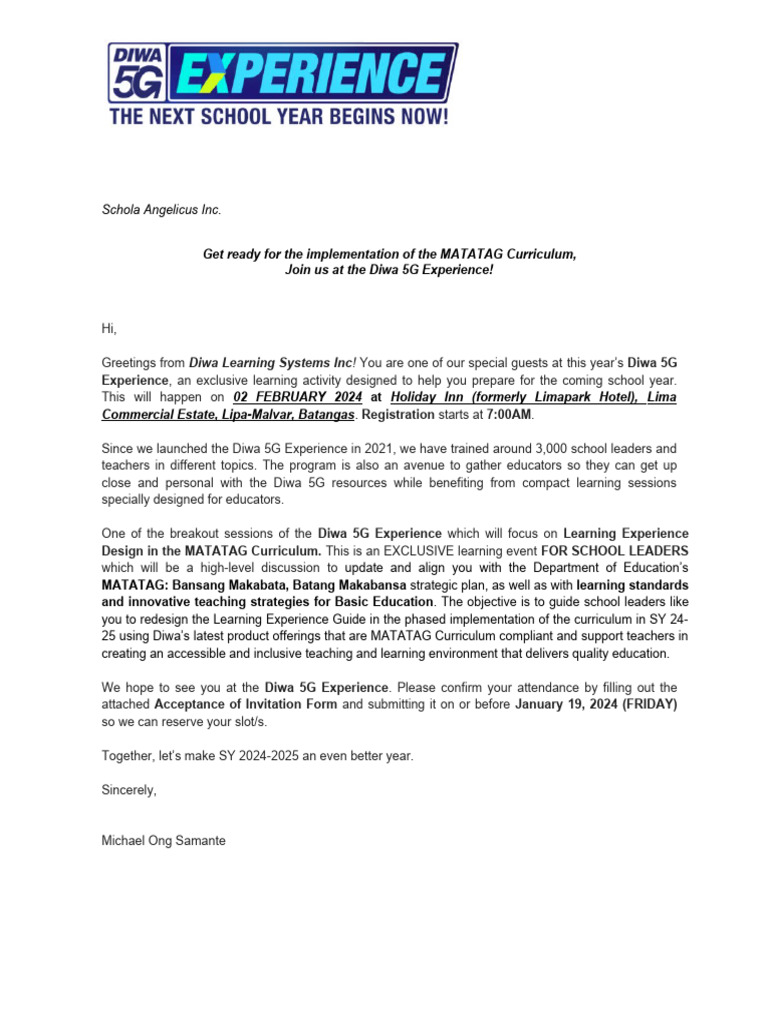 SCHOLA - SCHOOL ADMIN Diwa 5G Experience Letter of Invitation 2024 ...