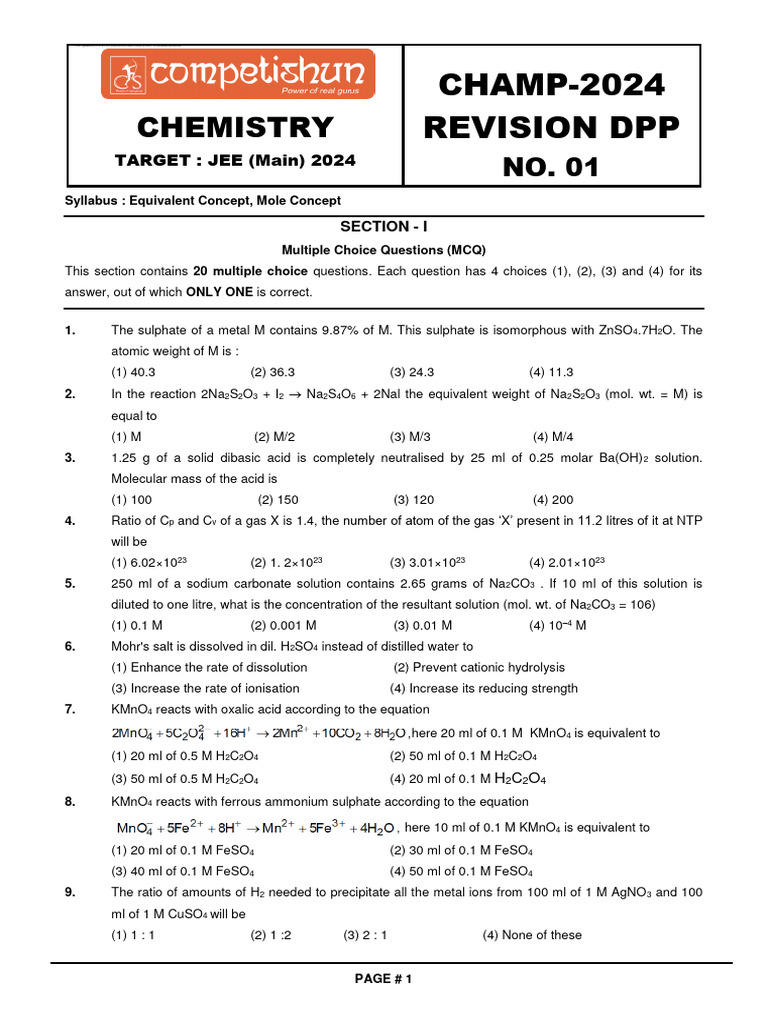 DPP-1 - PC Copy (Equivalent Concept, Mole Concept) | PDF | Mole (Unit) | Chemistry