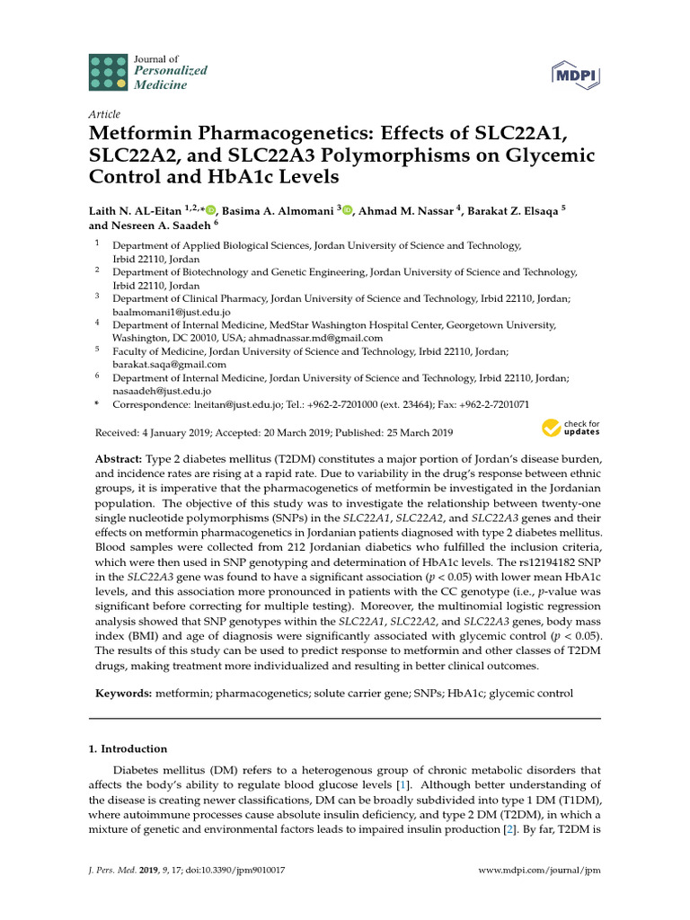 Metformin Pharmacogenetics Effects of SLC22A1, SLC22A2, and SLC22A3 ...