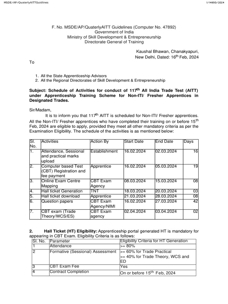 AITT 2024 Exam Schedule and Guidelines | PDF | Apprenticeship ...