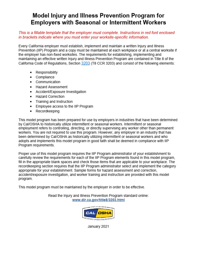 IIPP Model Intermittent | PDF | Occupational Safety And Health | Hazards
